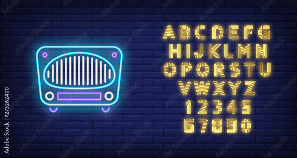 Old radio neon sign. Vintage audio equipment design. Night bright neon ...