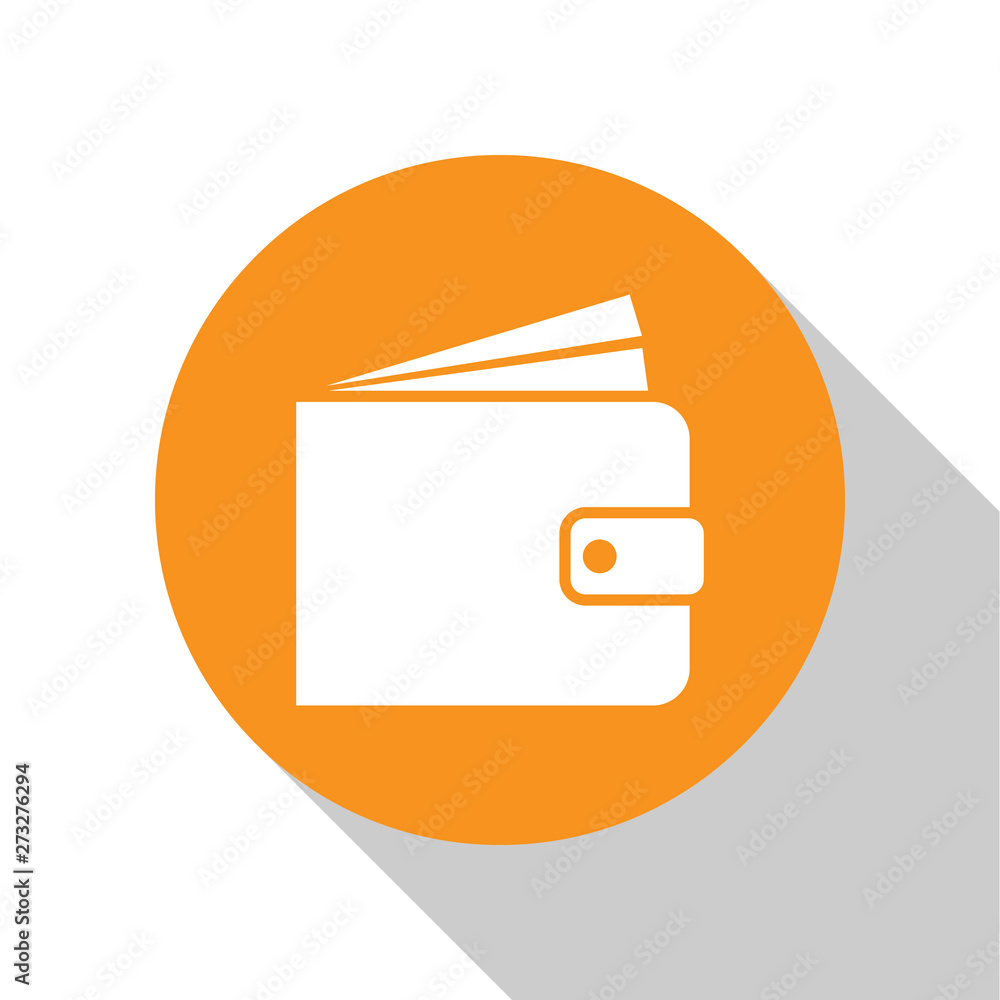 White Wallet icon isolated on white background. Orange circle button ...