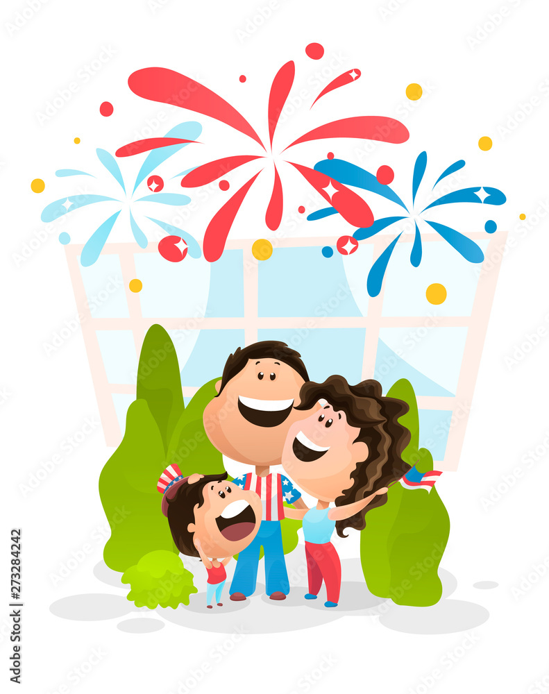 Happy family watching the firework at the Independence Day of America ...