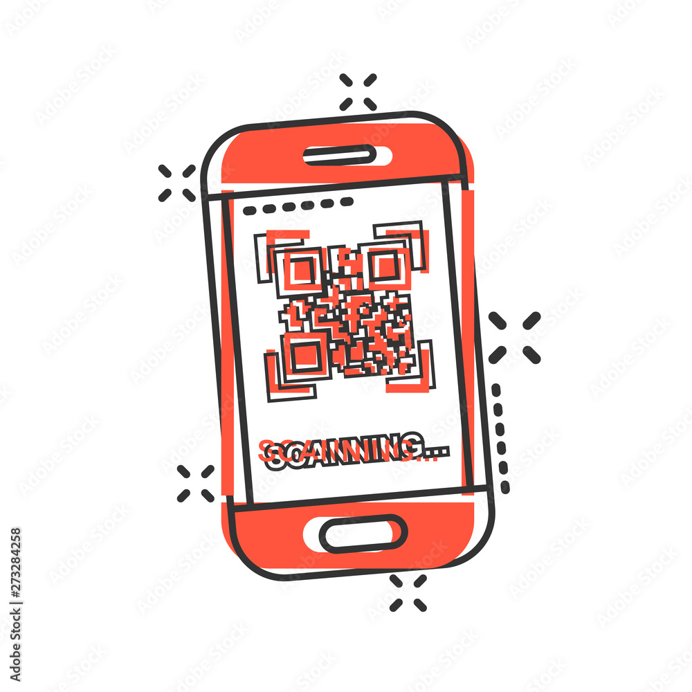 Qr code scan phone icon in comic style. Scanner in smartphone vector ...