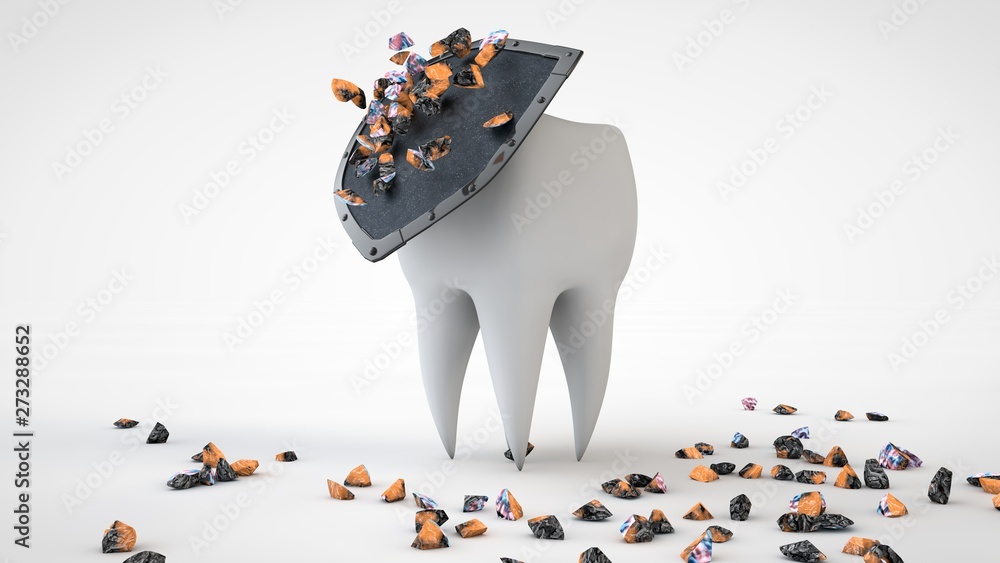3D illustration of a human tooth hidden behind a shield a lot of broken ...
