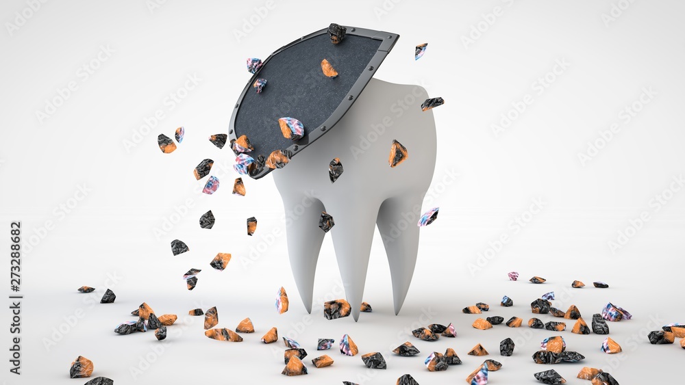 3D illustration of a human tooth hidden behind a shield a lot of broken ...