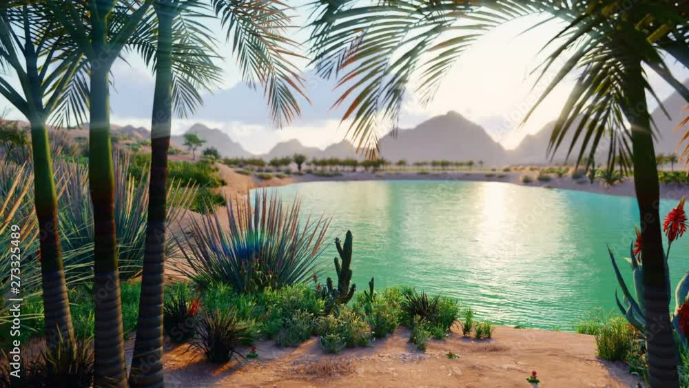 An amazing fantasy oasis in the desert. Clear day. Distant mountains ...