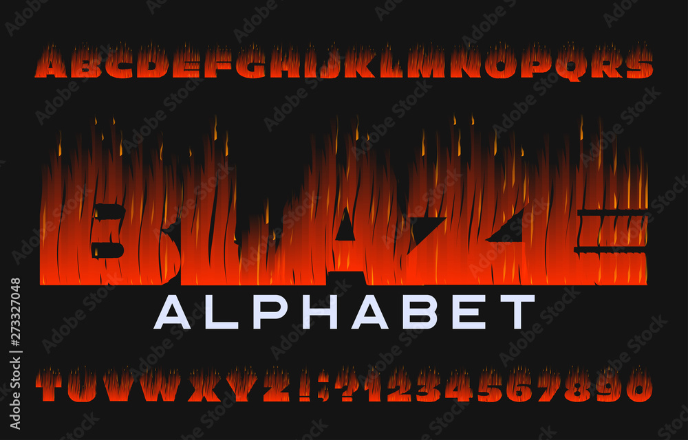 Blaze alphabet font. Flame effect type letters and numbers on dark ...