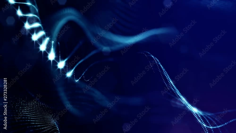 sci-fi blue background of luminous particles that form curves, surfaces ...