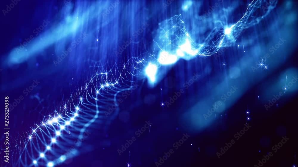 sci-fi blue background of luminous particles that form curves, surfaces ...