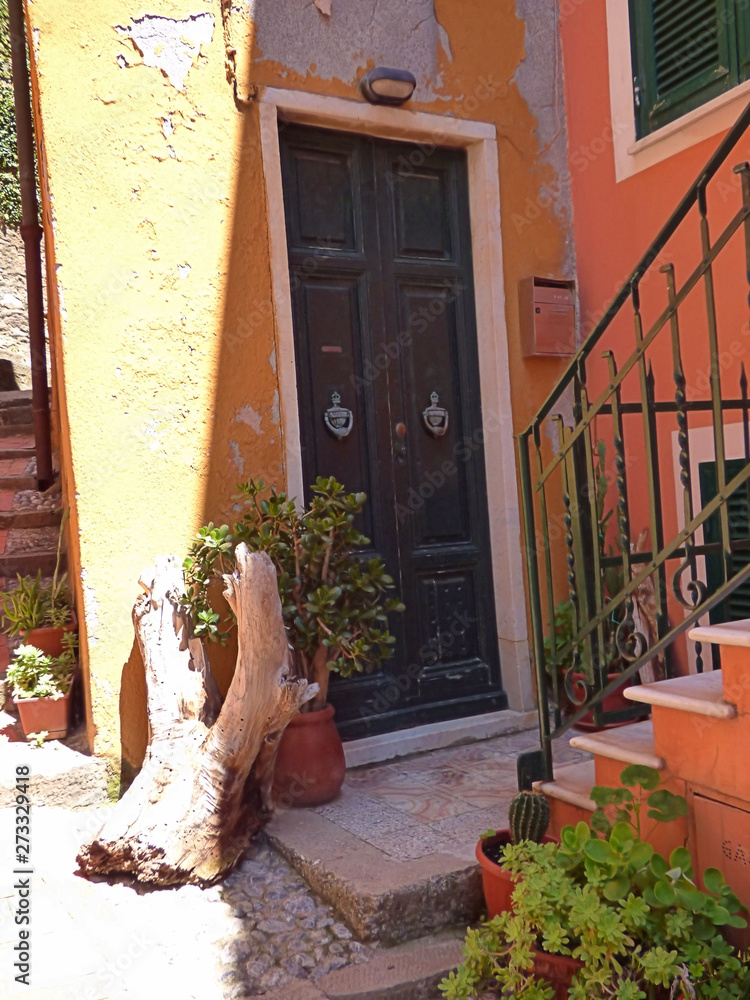 Shadowed corner in Telaro Italy with driftwood and potted plants ...