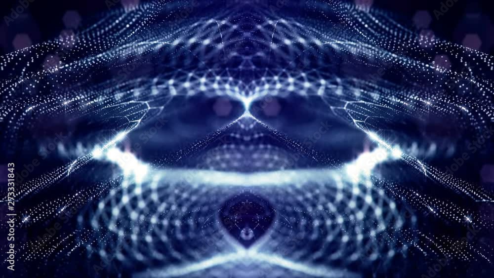 sci-fi blue background of luminous particles that form curves, surfaces ...