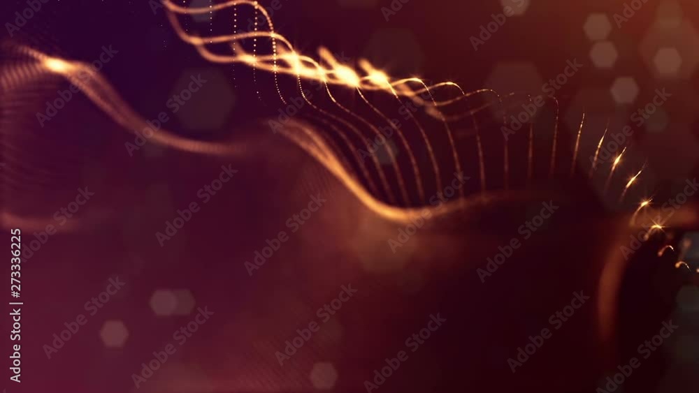 sci-fi gold background of luminous particles that form curves, surfaces ...