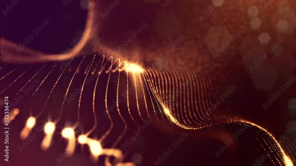 sci-fi gold background of luminous particles that form curves, surfaces ...