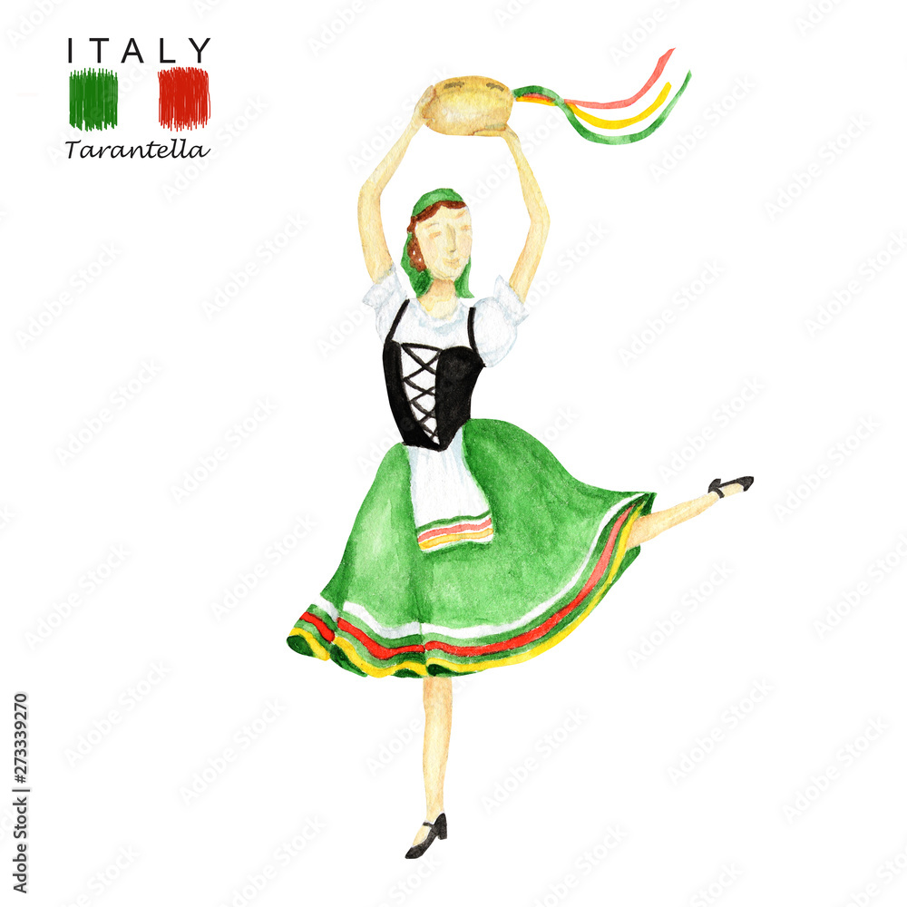 national costume dancing an Italian tarantella with a tambourine on ...