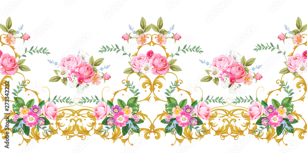 Seamless beautiful border with golden scrolls and country roses Stock ...