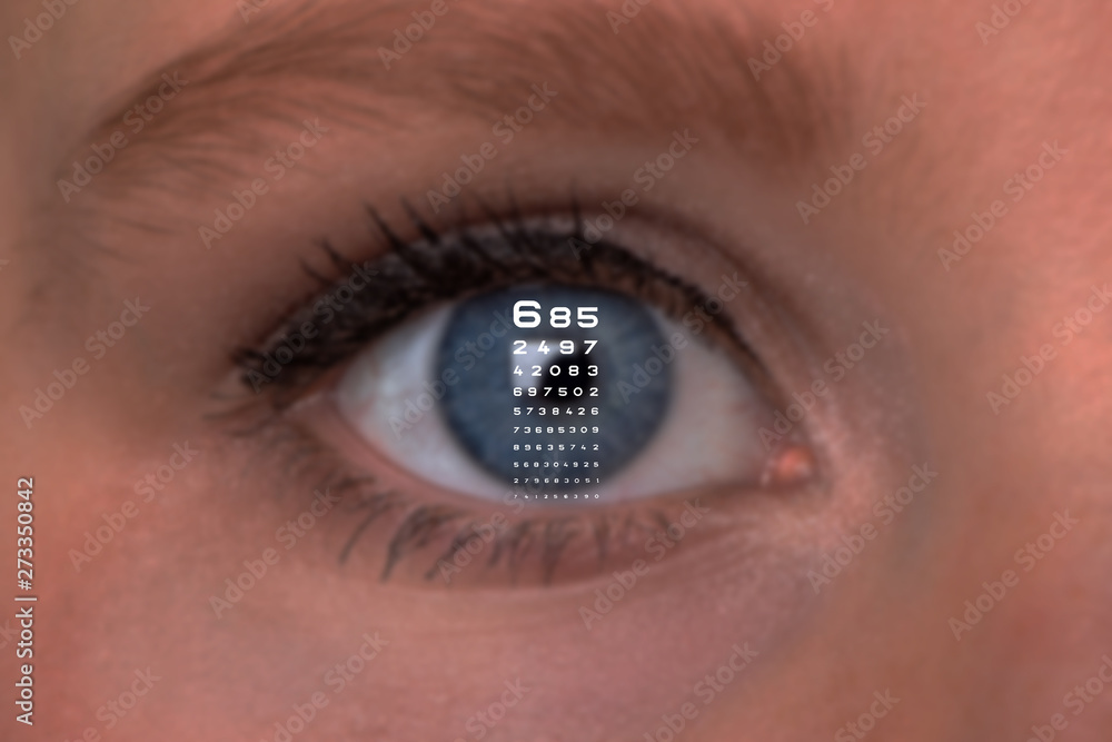 Illustration von Auge bei Sehtest mit Zahlen, mit blauem Auge einer ...