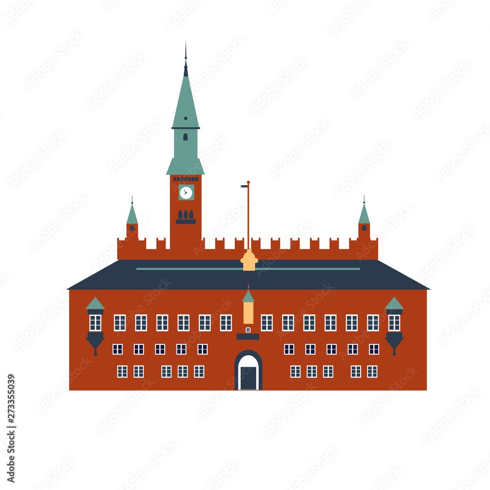 Landmark of Denmark Copenhagen City Hall cartoon vector illustration ...