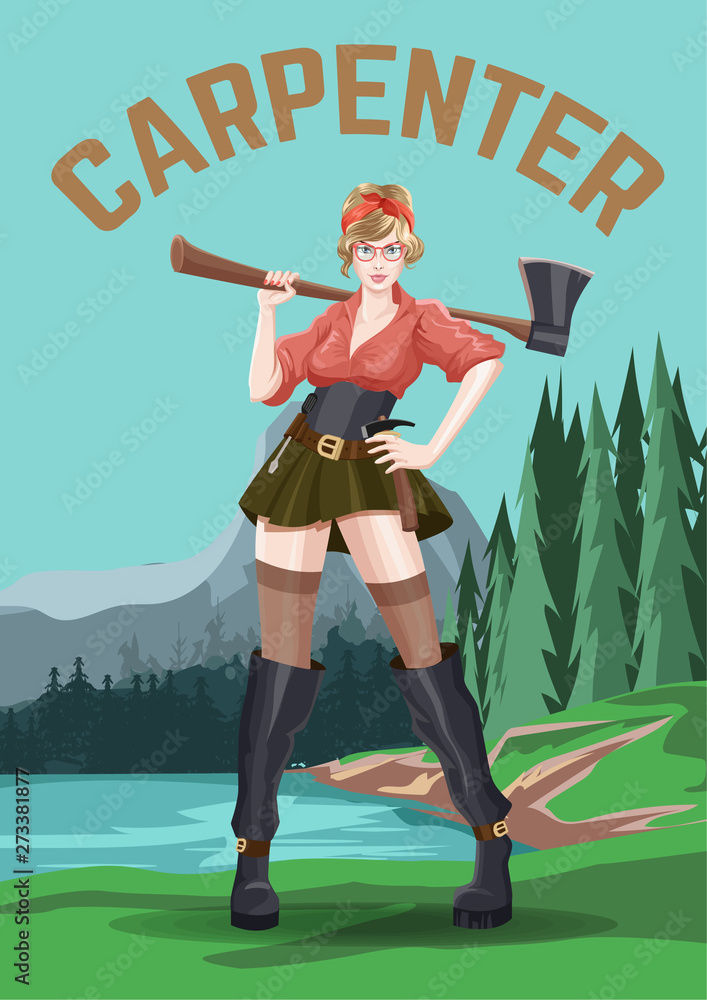 Vecteur Stock Poster. Young sexy girl carpenter with axe in short skirt ...