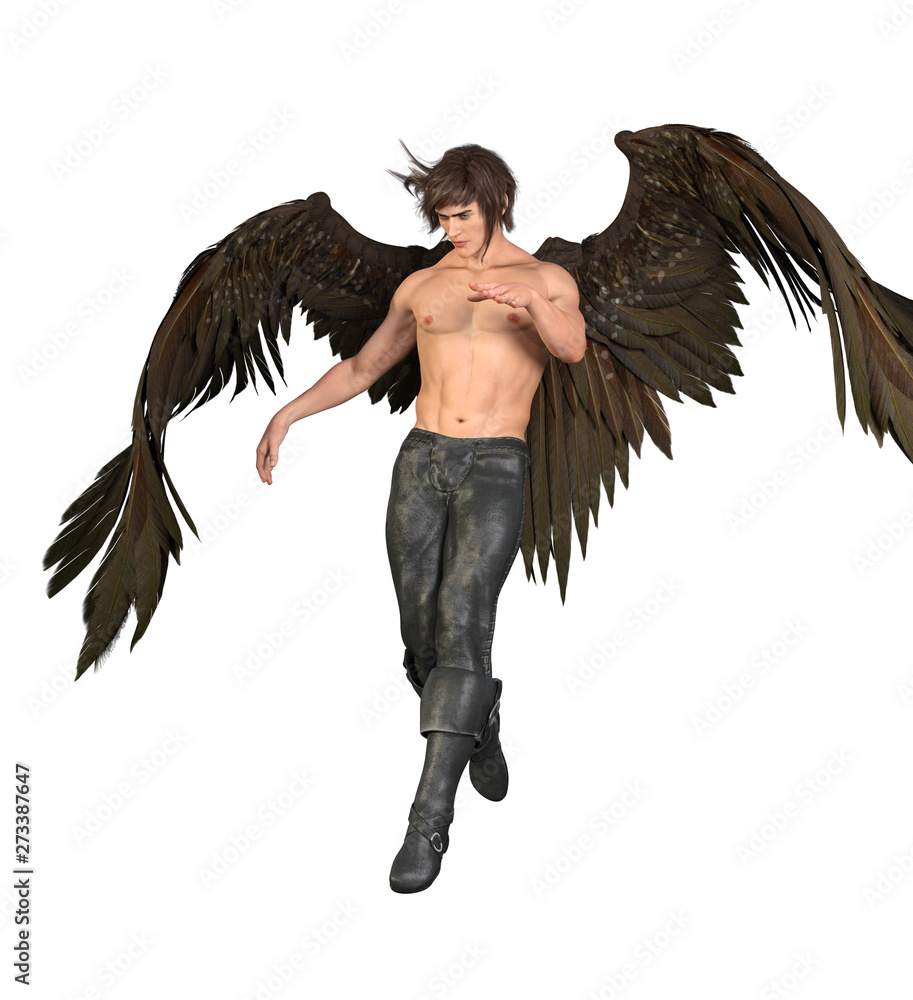 Fallen angel man with large brown wings and leather pants. 3d render ...