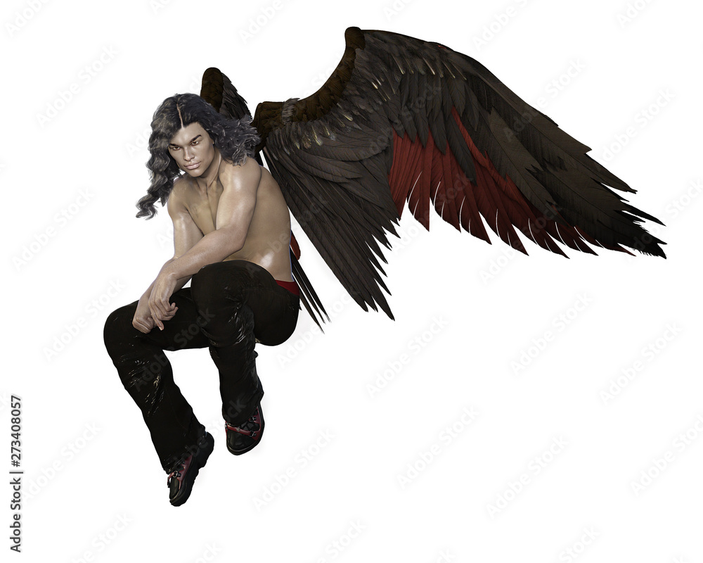 Fallen angel male with large dark brown and red wings and leather pants ...