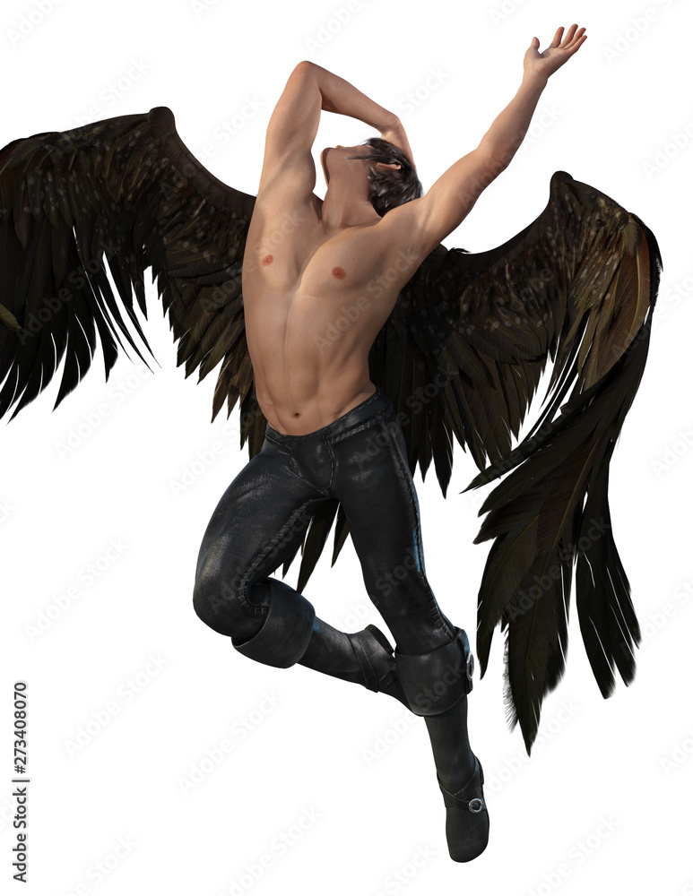 Fallen angel man with large brown wings and leather pants. 3d render ...