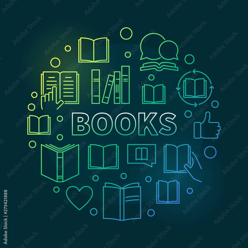 Books round colorful outline vector illustration - education and ...