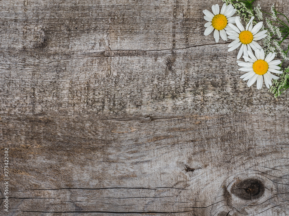 Beautiful bouquet of blooming, bright flowers lying on unpainted boards ...