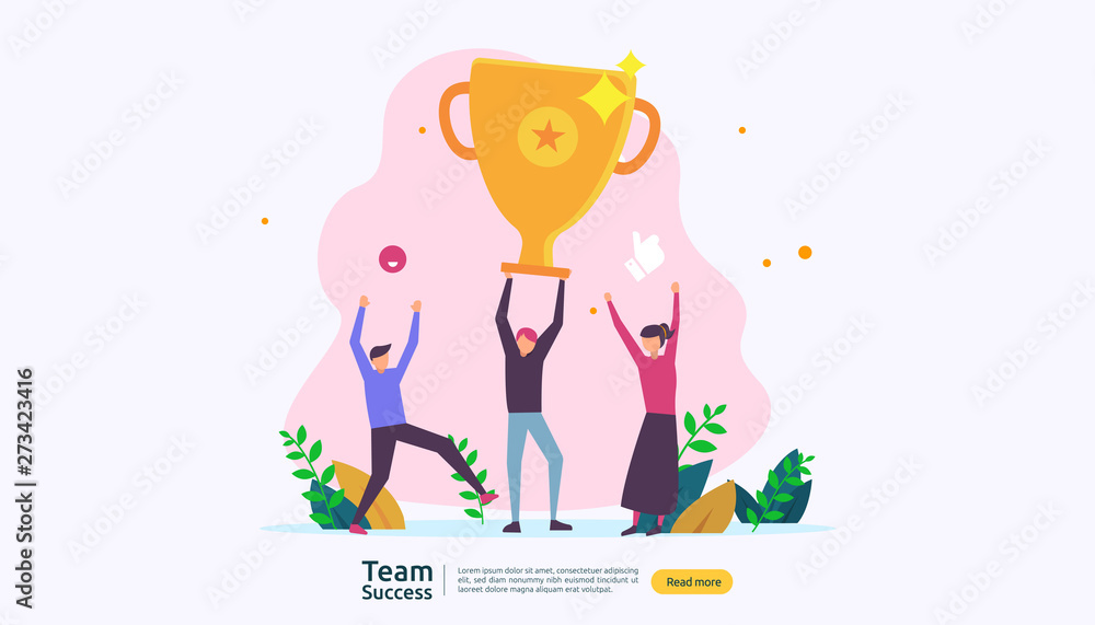 Team success with trophy cup. winning teamwork concept. Together ...