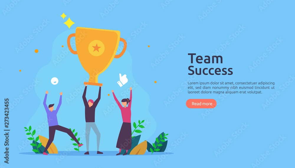 Team success with trophy cup. winning teamwork concept. Together ...