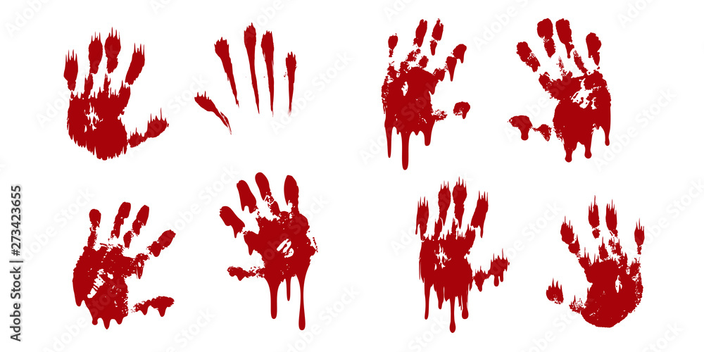 Bloody hand print set isolated white background. Horror scary blood handprint, fingerprint. Red ...