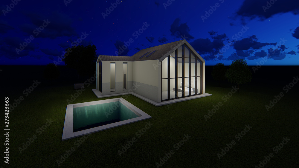 3d model designer house with a pool at night. House with glass wall ...