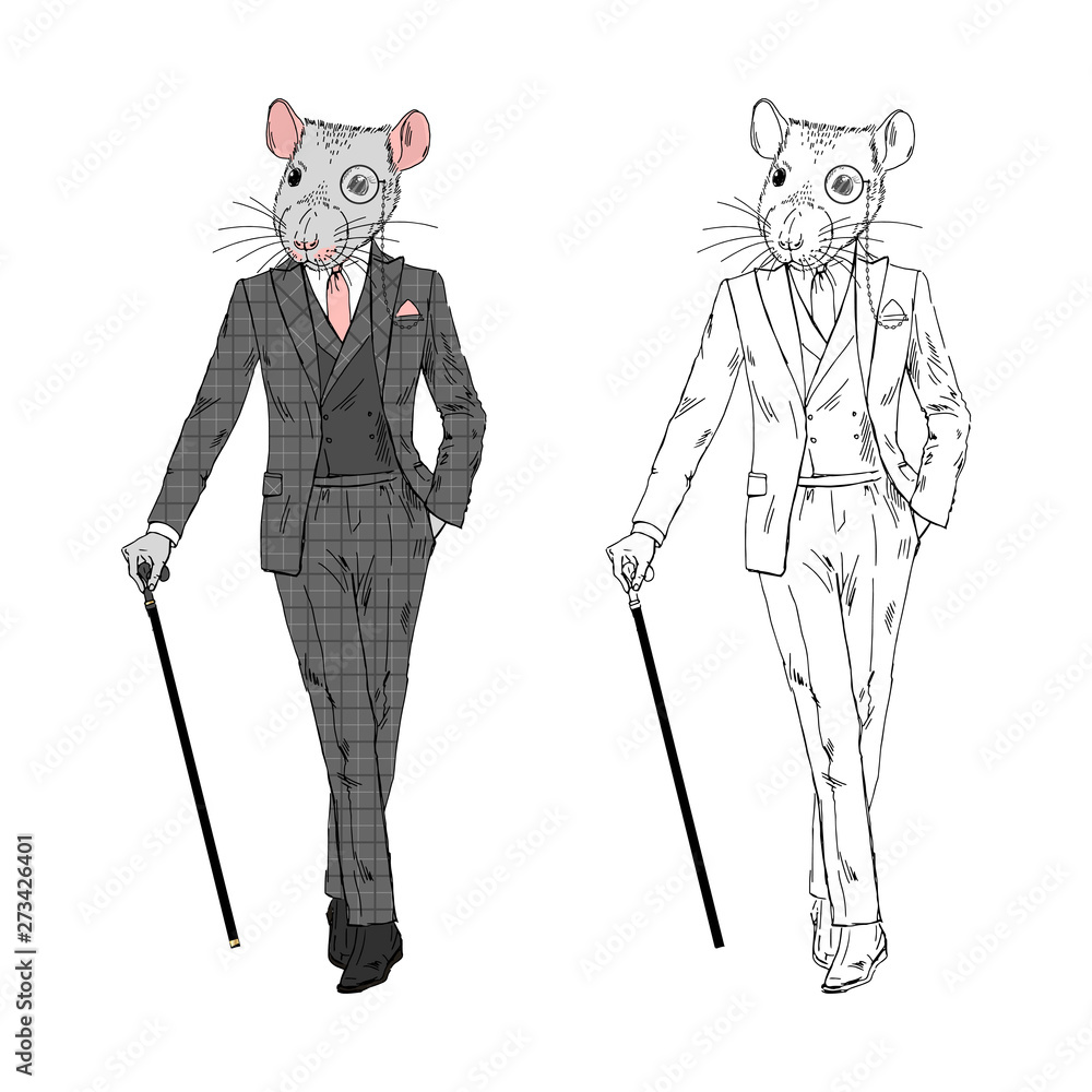 Humanized rat gentleman dressed up in vintage suite, monocle with ...