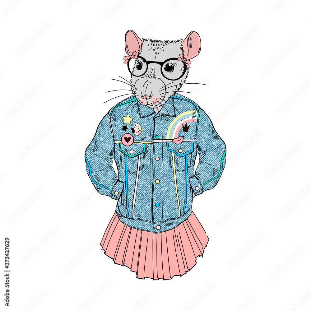 Humanized rat girl hipster dressed up in 90's retro jeans style. Hand ...