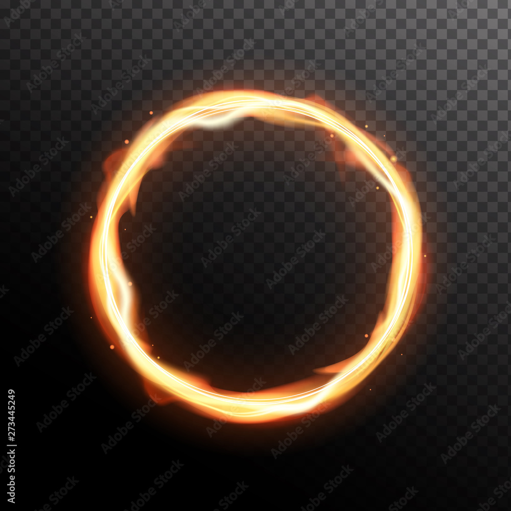 Realistic fiery circle. Round neon frame. Fire burning ring. Magic gold ...