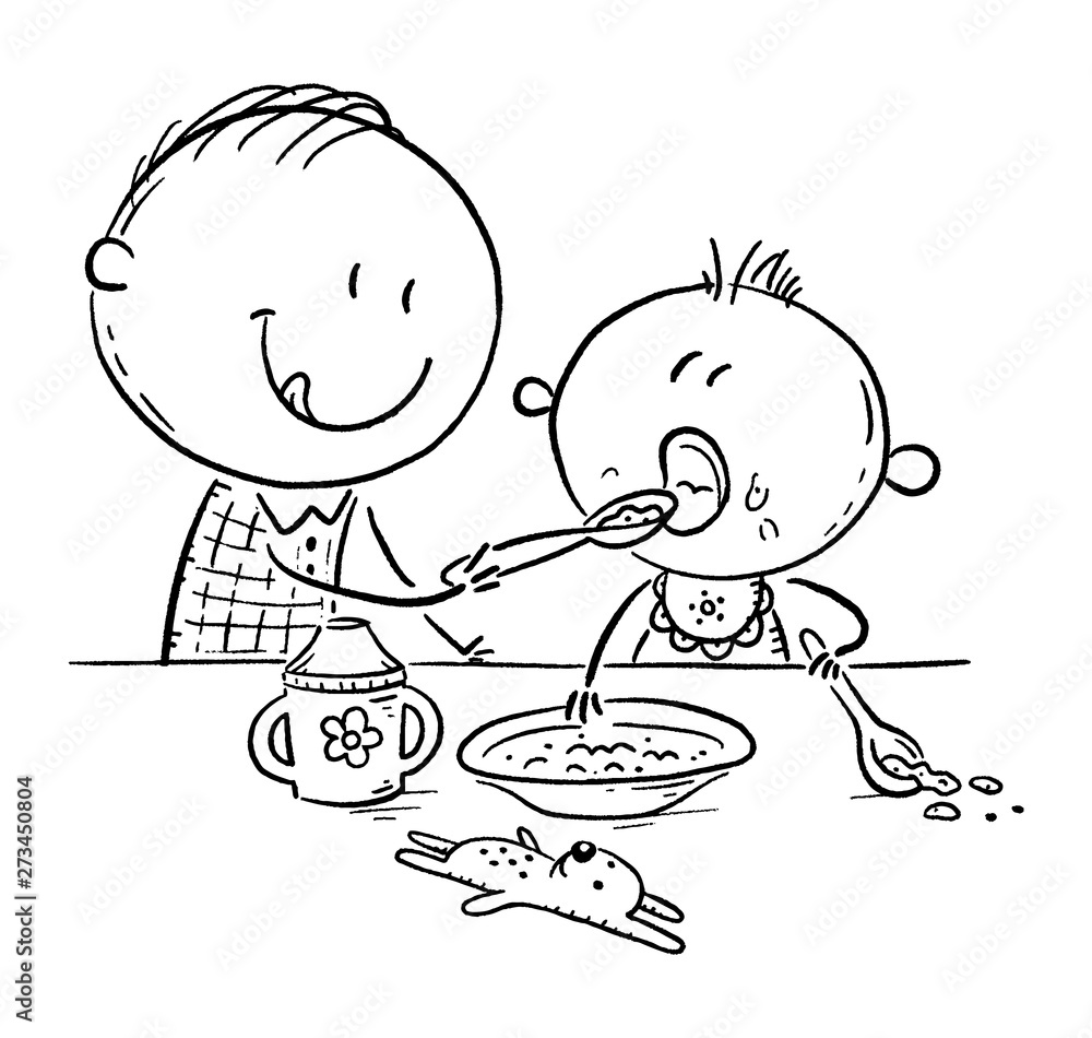 Father feeding baby, outline cartoon vector illustration Stock Vector ...
