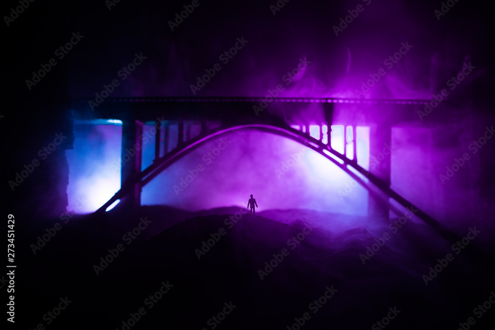 Apocalyptic ruins of the city. Disaster effect. Night scene. City ...