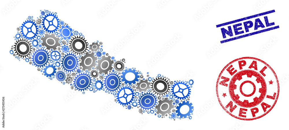 Vetor de Cog vector Nepal map collage and seals. Abstract Nepal map is ...