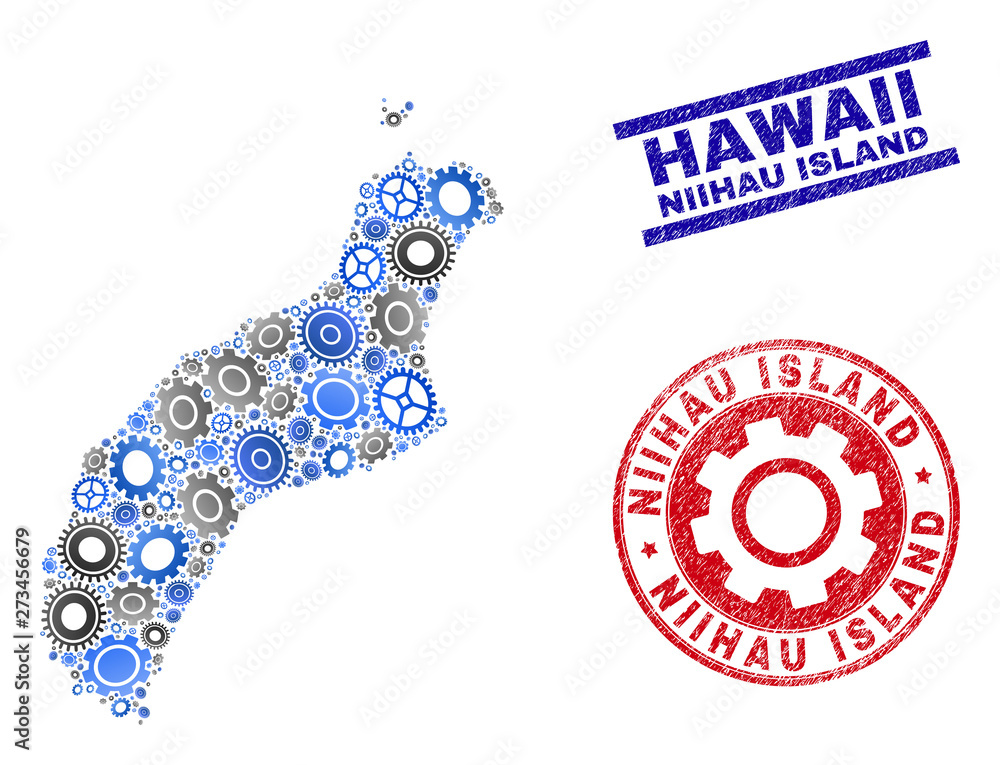 Gear vector Niihau Island map composition and seals. Abstract Niihau ...