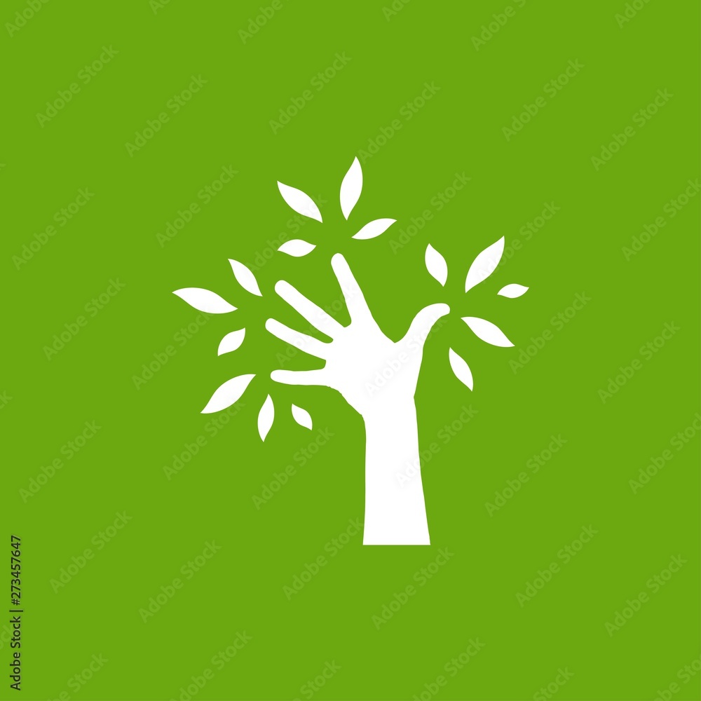 White silhouette of hand with leaves. ecology symbol with hand tree ...