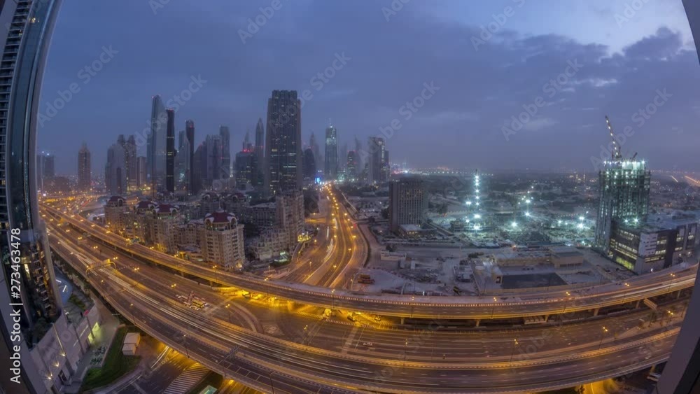 Dubai downtown skyline night to day transition aerial timelapse with ...