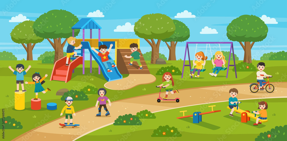 Happy excited kids having fun together on playground. Children play ...