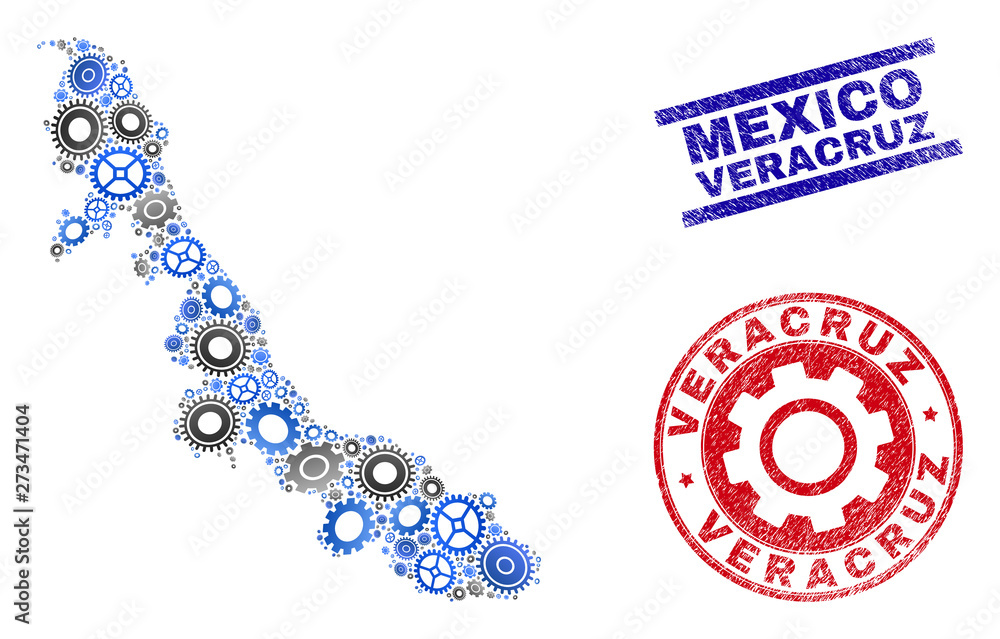 Gear vector Veracruz State map collage and seals. Abstract Veracruz ...
