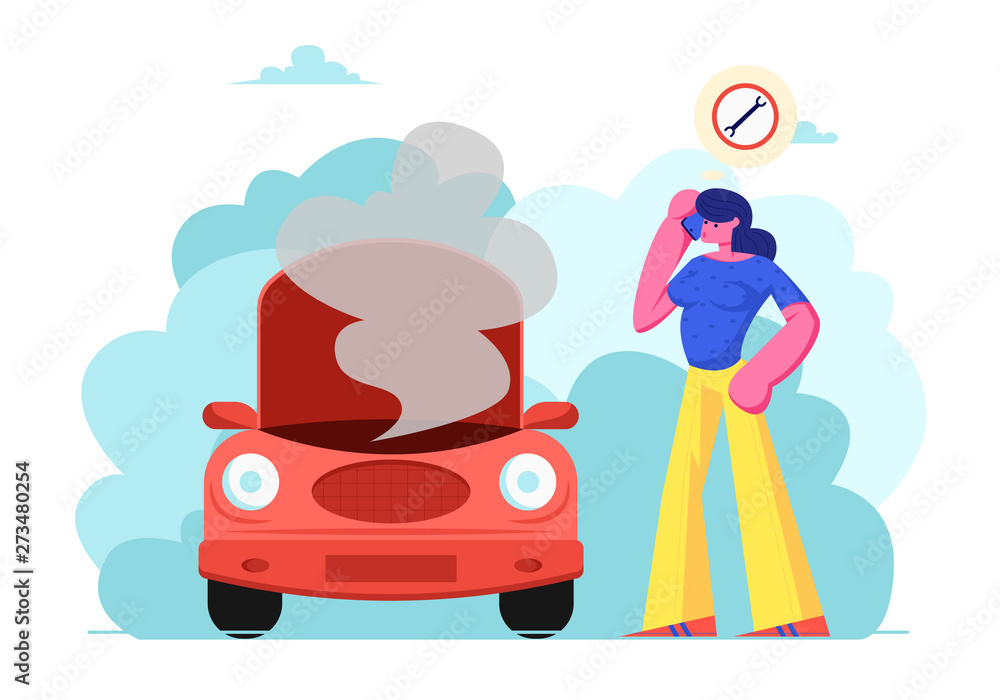 Upset Female Character in Road Accident with Broken Car Call by Mobile ...