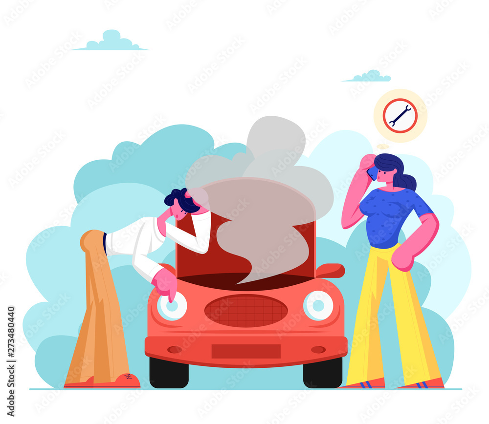 Frustrated Young Couple in Road Accident with Broken Car, Man Looking ...