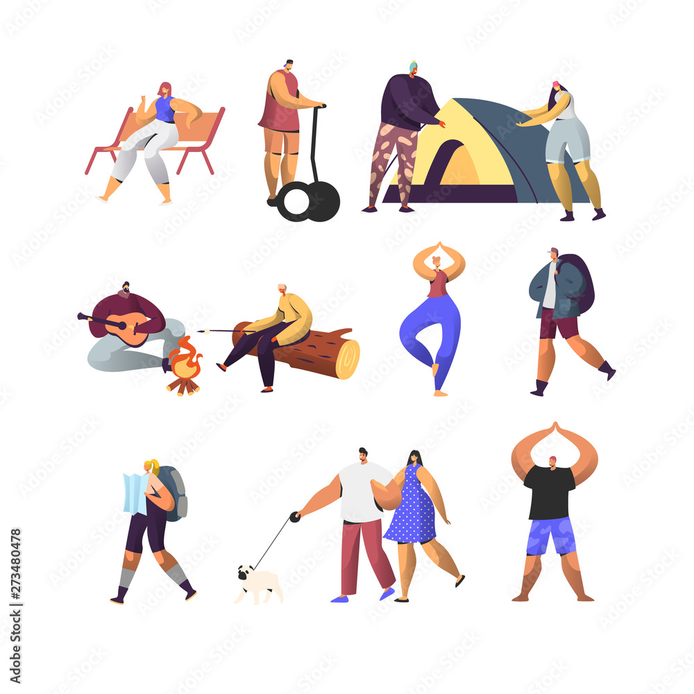 People Active Lifestyle Set. Male and Female Characters in Summer Camp ...