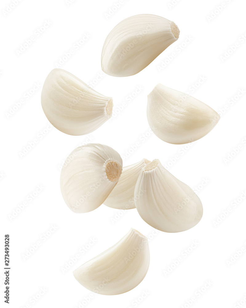 Falling garlic, isolated on white background, clipping path, full depth ...