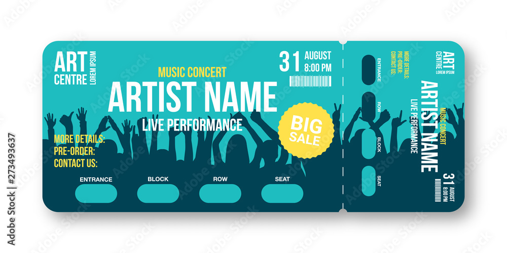 Concert ticket template. Concert, party, disco or festival ticket ...