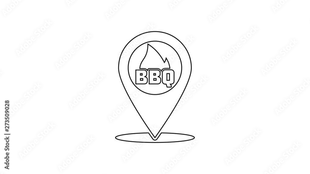 Black Map pointer with barbecue line icon on white background. Fire ...