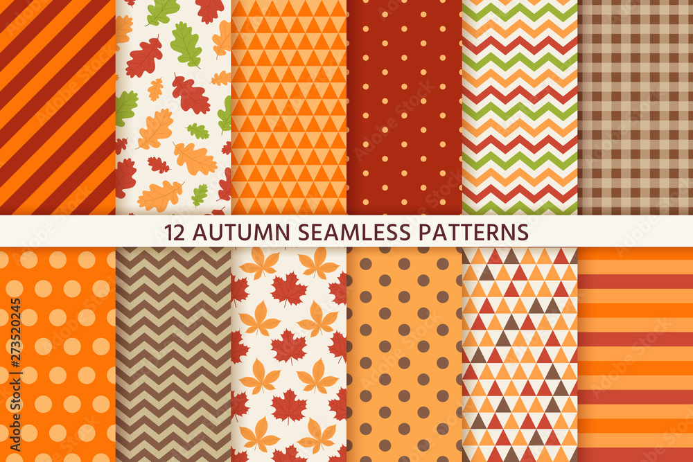 Autumn pattern. Vector. Seamless background with fall leaves, zig zag ...