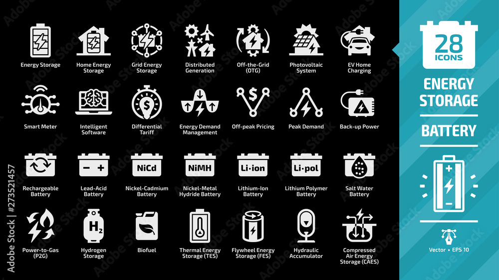 Energy storage icon set on a black background with distributed ...