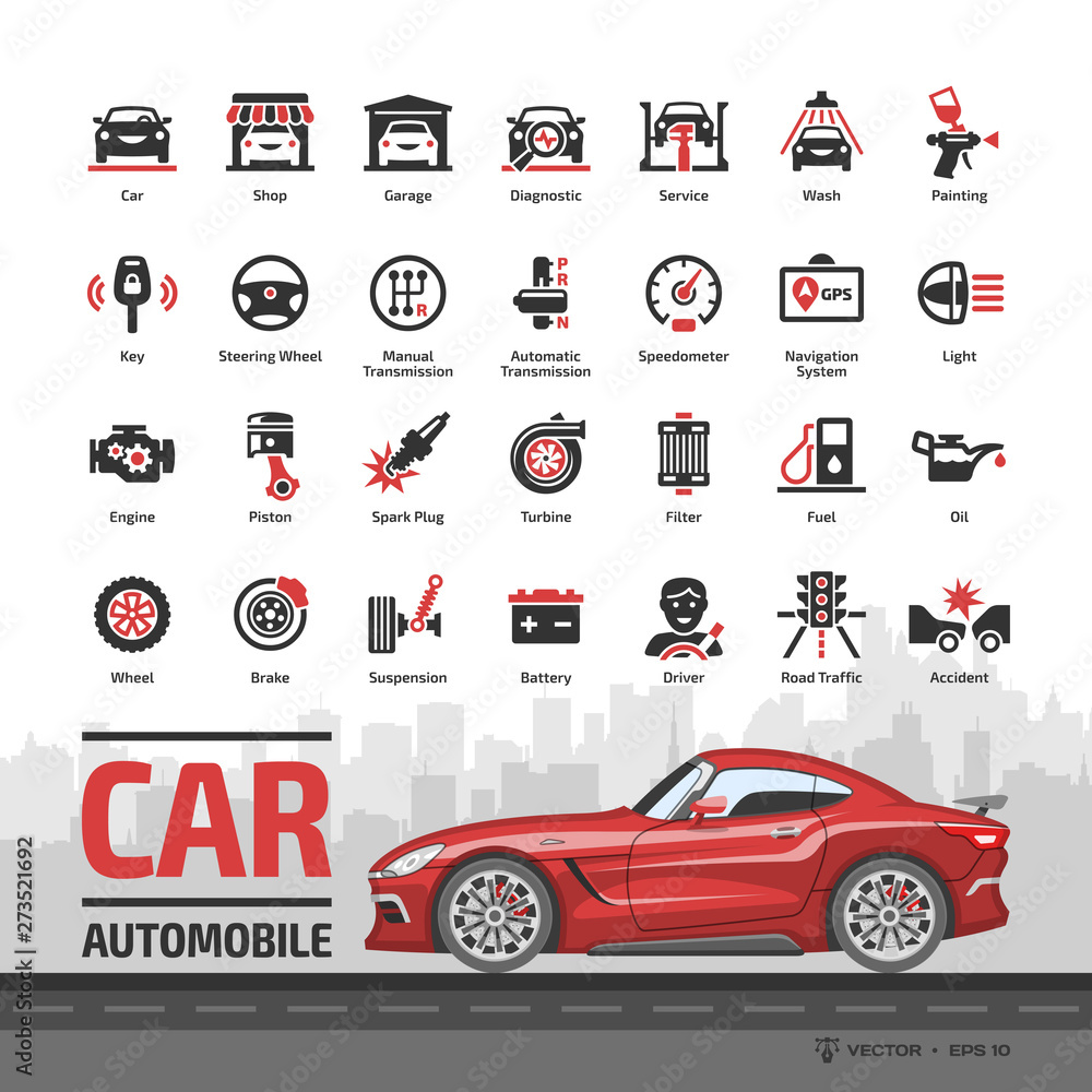 Car icon set with red sport coupe mockup and basic automotive symbols ...