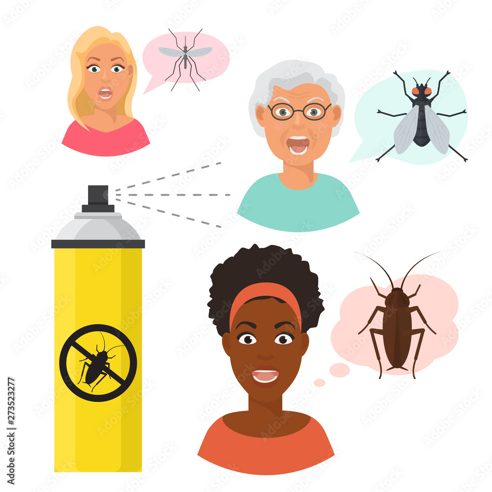 Madly frightened eldery and young woman faces and mosquito and fly ...