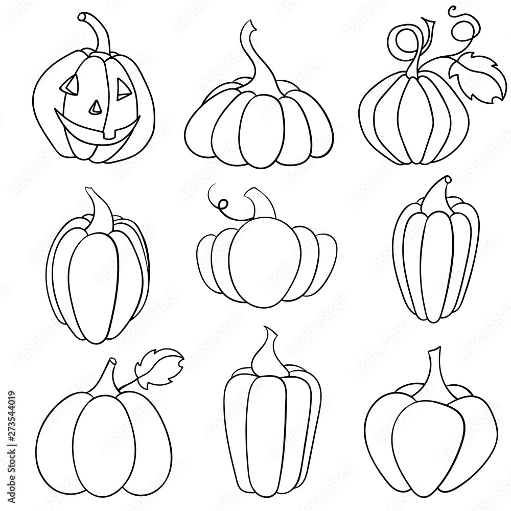 Set of doodle pumpkins. Different types of pumpkin in outline. Easy to ...